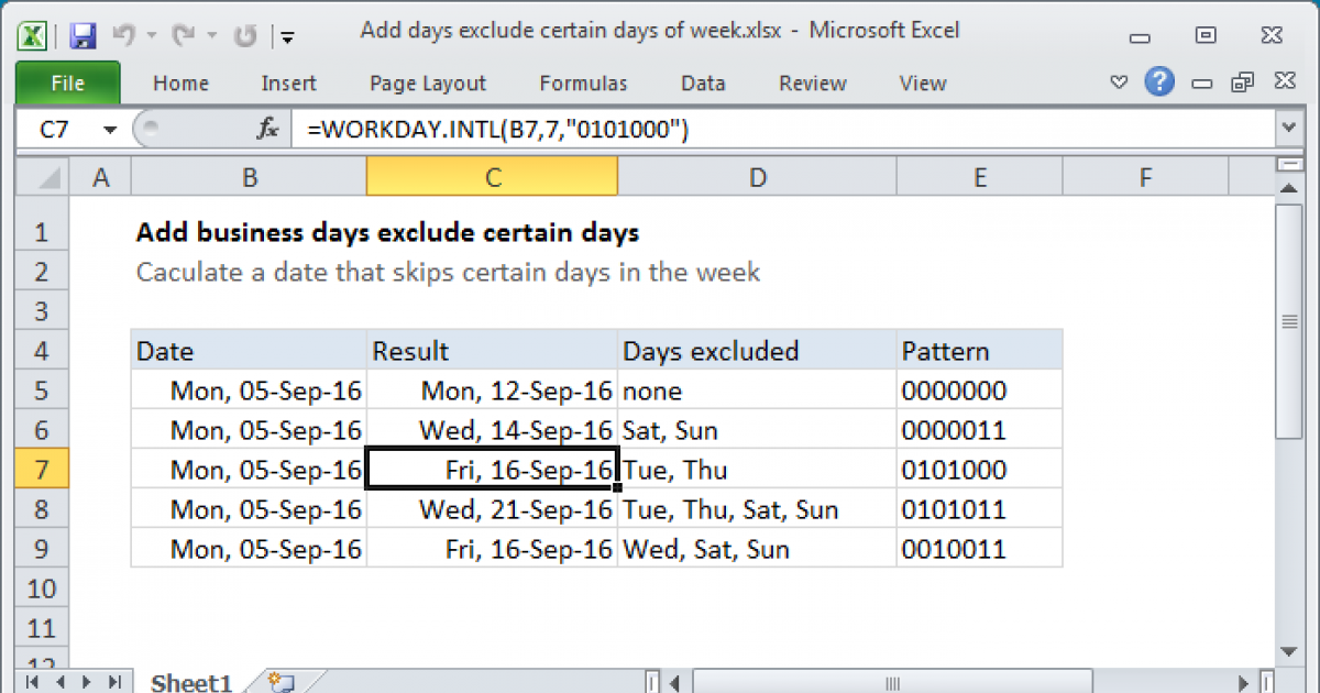Add Days Exclude Certain Days Of Week Excel Formula Exceljet